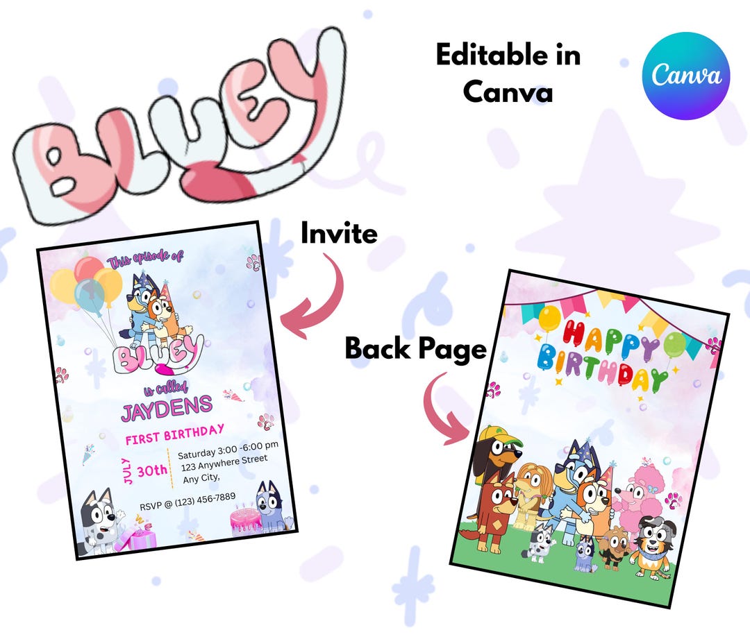 Canva Editable, Pink Bluey, the Blue Dog, Birthday Invite, Backpage ...