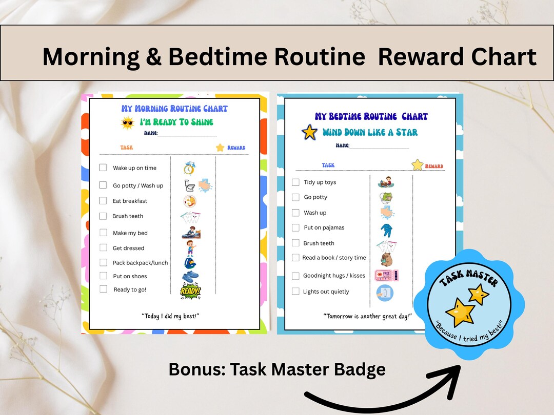Morning & Bedtime Routine Chart Set, Printable Kids Daily Schedule ...