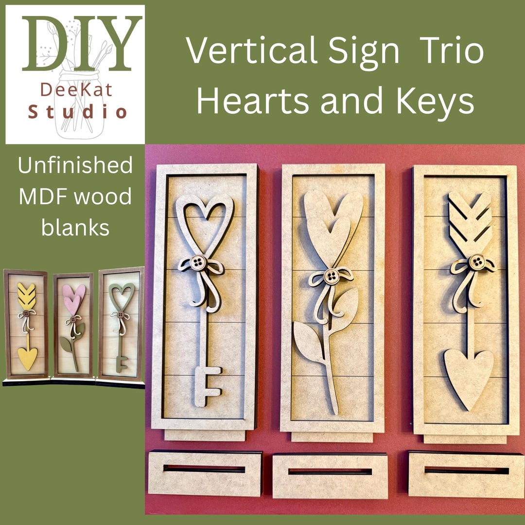 DIY Valentine Heart & Key Sign Trio | Unfinished Wooden Vertical Signs ...