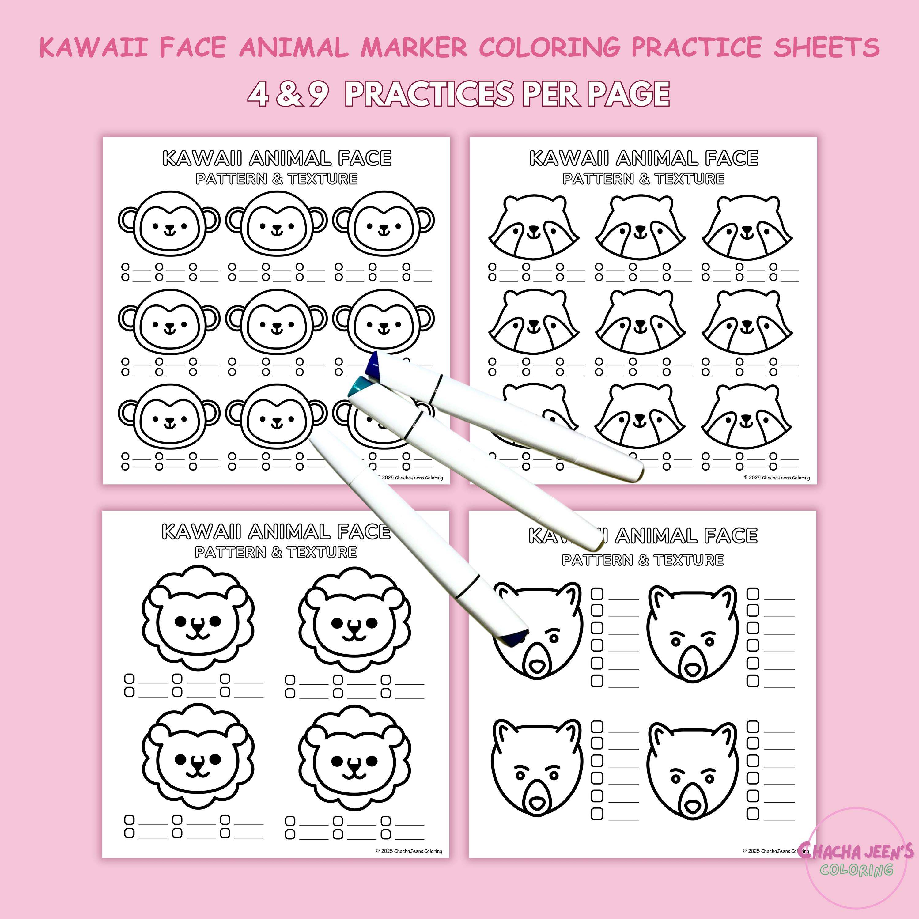 Kawaii Animal Face Coloring Pages, Coloring Practice Sheets, Pattern ...