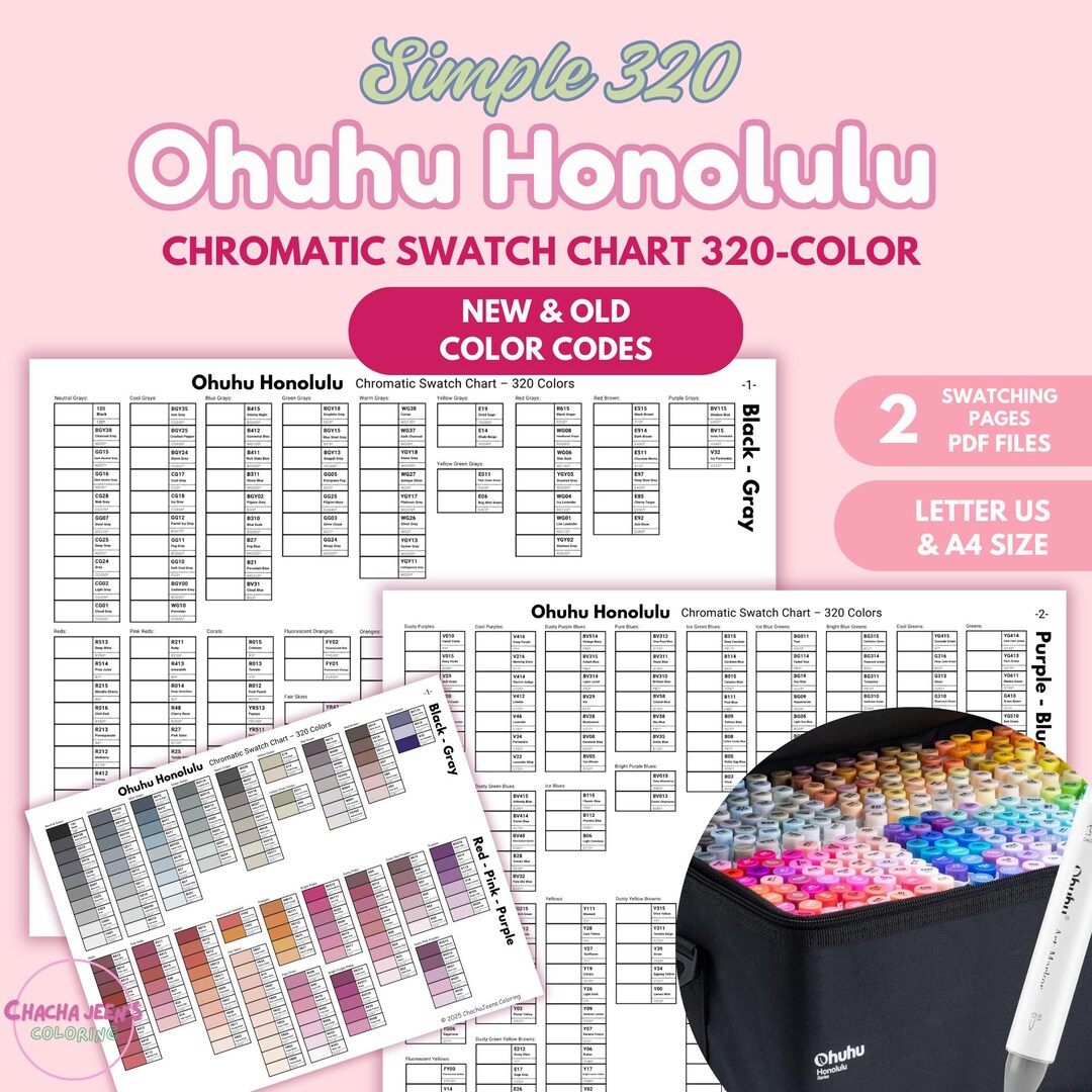 Ohuhu Honolulu 320 Marker Swatch Chart: New & Old Codes (PDF Digital ...