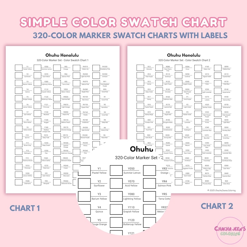 Ohuhu Honolulu 320 Marker Swatch Chart: Printable Color Test (PDF ...