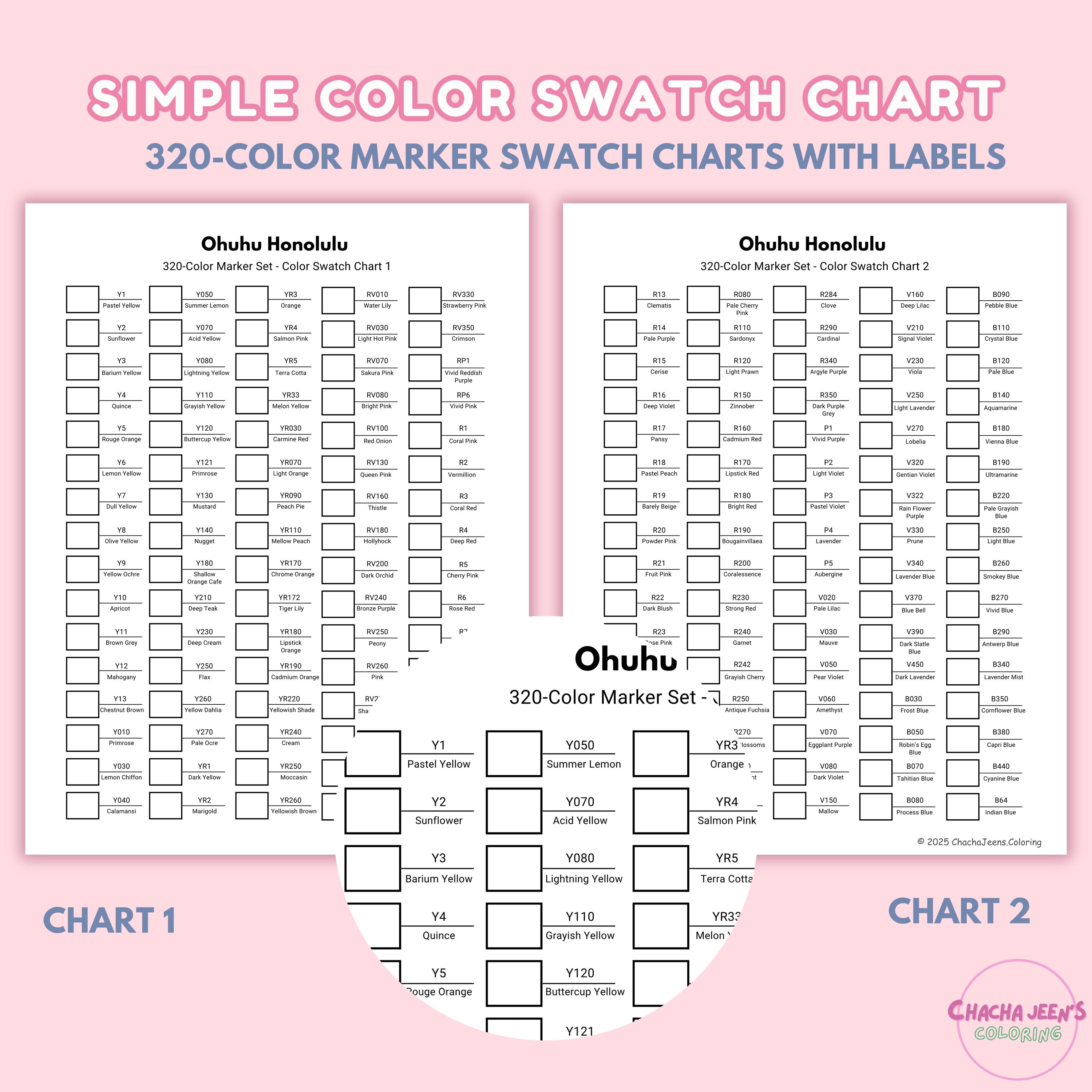 Ohuhu Honolulu 320 Marker Swatch Chart: Printable Color Test (PDF ...