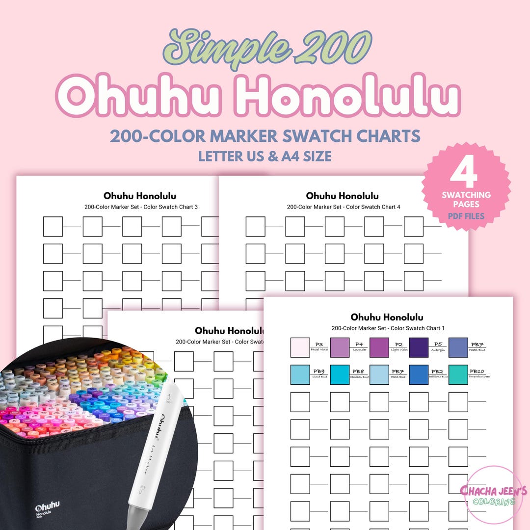 Ohuhu Honolulu 200-color Marker Swatch Charts, Blank Coloring Sheets ...