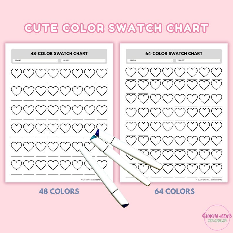 Cute Heart Color Swatch Sheet, 48, 64, 80, 120 Swatches, Printable PDF ...