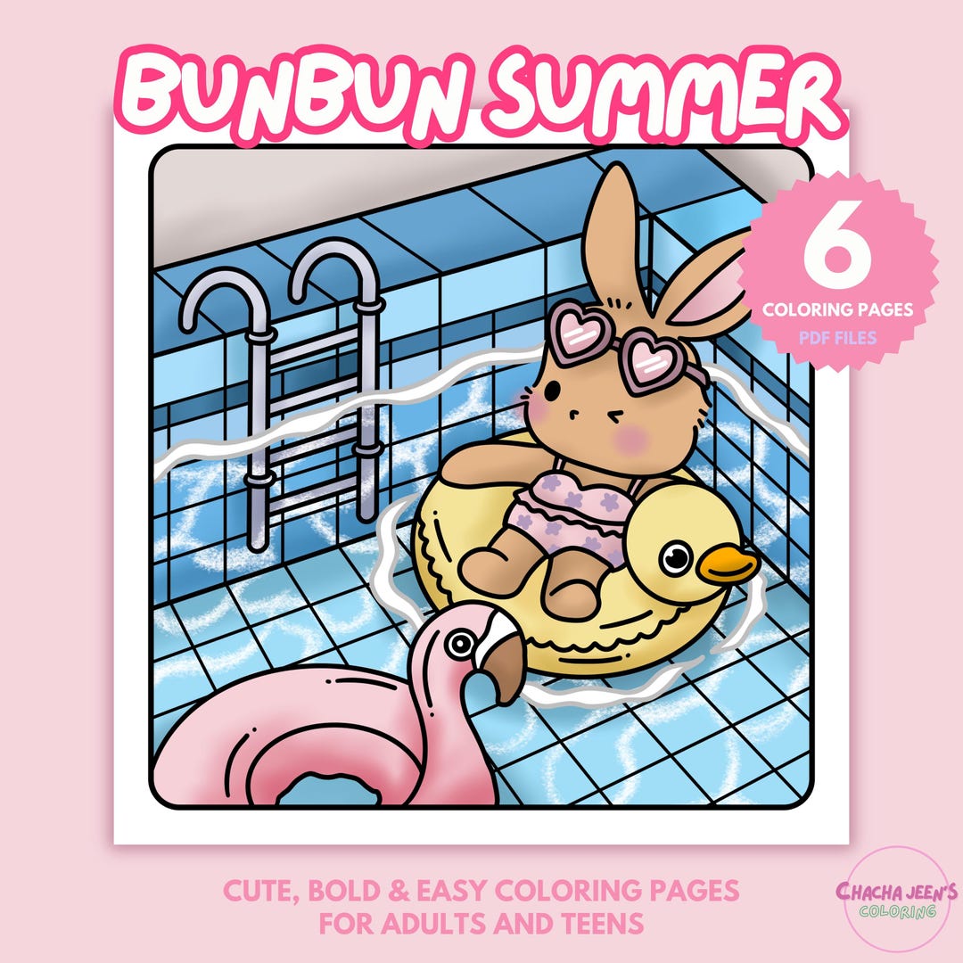 Bunbun Summer Coloring Pages – Kawaii Bunny Pool Day (PDF) - Etsy