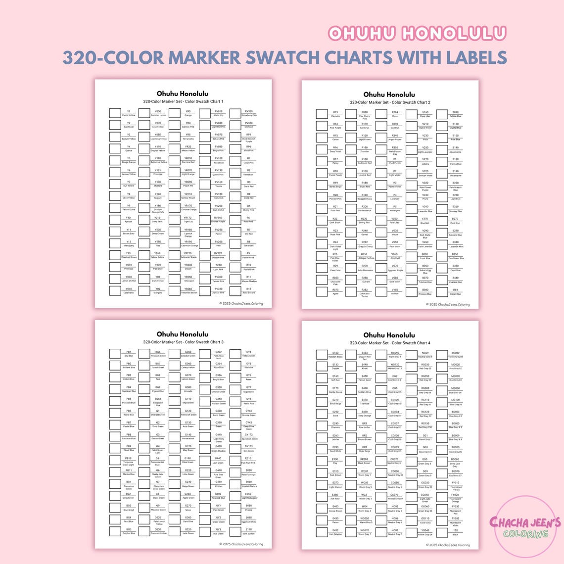 Ohuhu Honolulu 320 Marker Swatch Chart: Printable Color Test (PDF ...