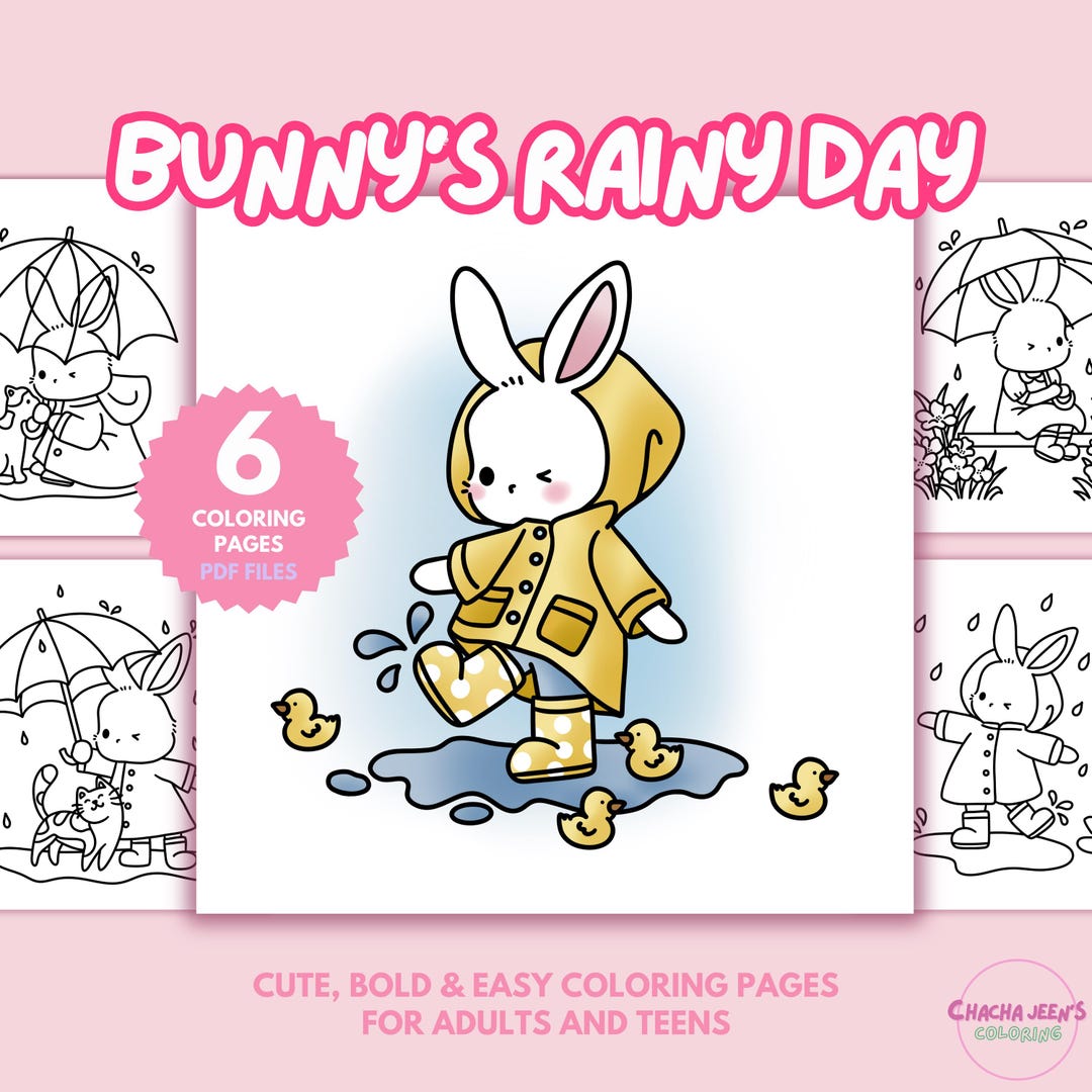 Bunny Rainy Day Coloring Pages: 6 Kawaii Doodles (PDF) - Etsy