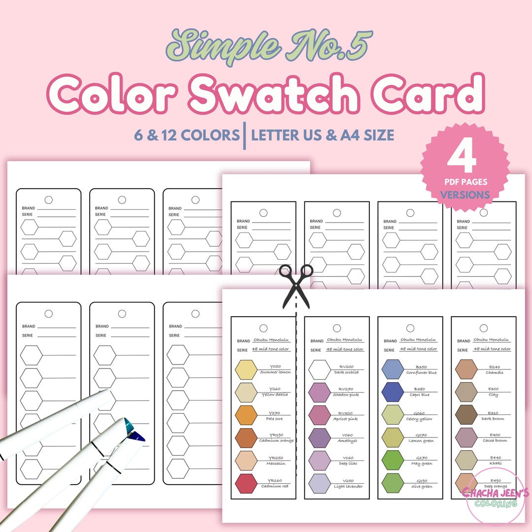 Simple Color Swatch Cards, 6, 12 Colors, Color Swatch Card Printable ...