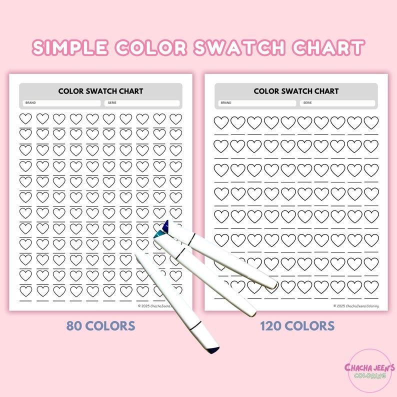 Cute Heart Color Swatch Sheet, 48, 64, 80, 120 Swatches, Printable PDF ...