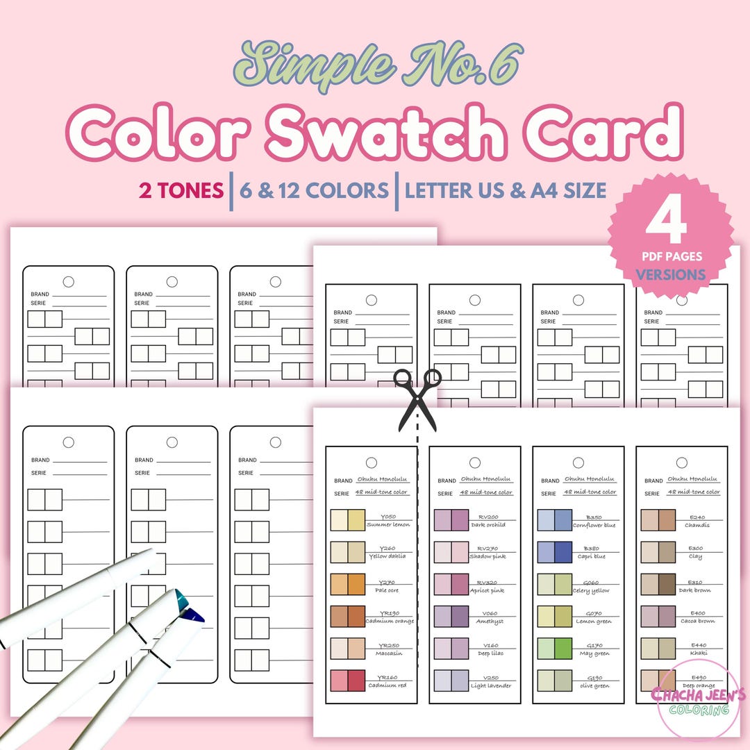 Simple Color Swatch Cards, 6, 12 Colors, Color Swatch Card Printable ...