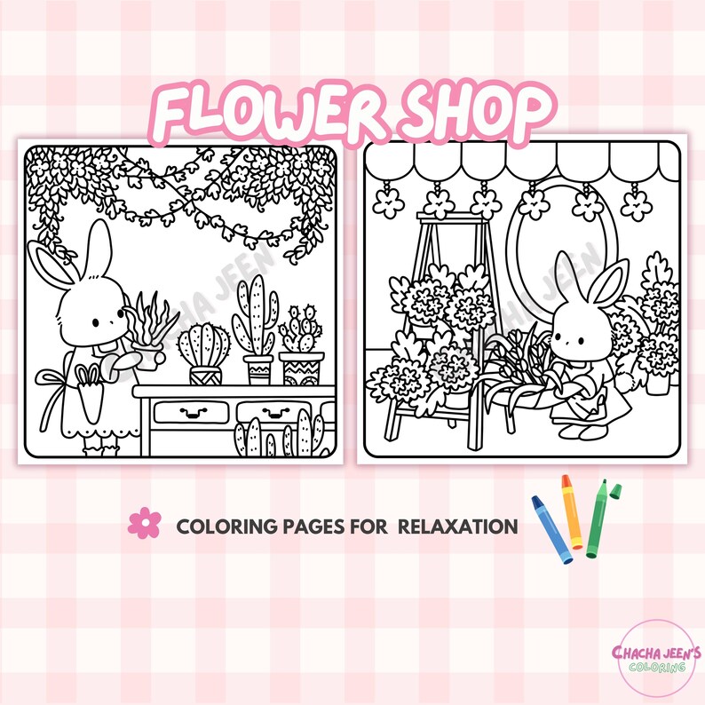Kawaii Bunny Coloring Pages: Spring Flower Shop Doodles (PDF) - Etsy