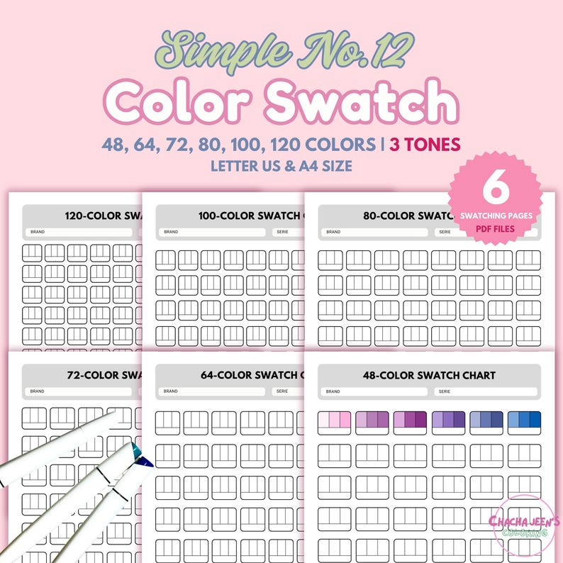 Simple Color Swatch Chart, 48, 64, 72, 80, 100, 120 Swatches, Printable ...