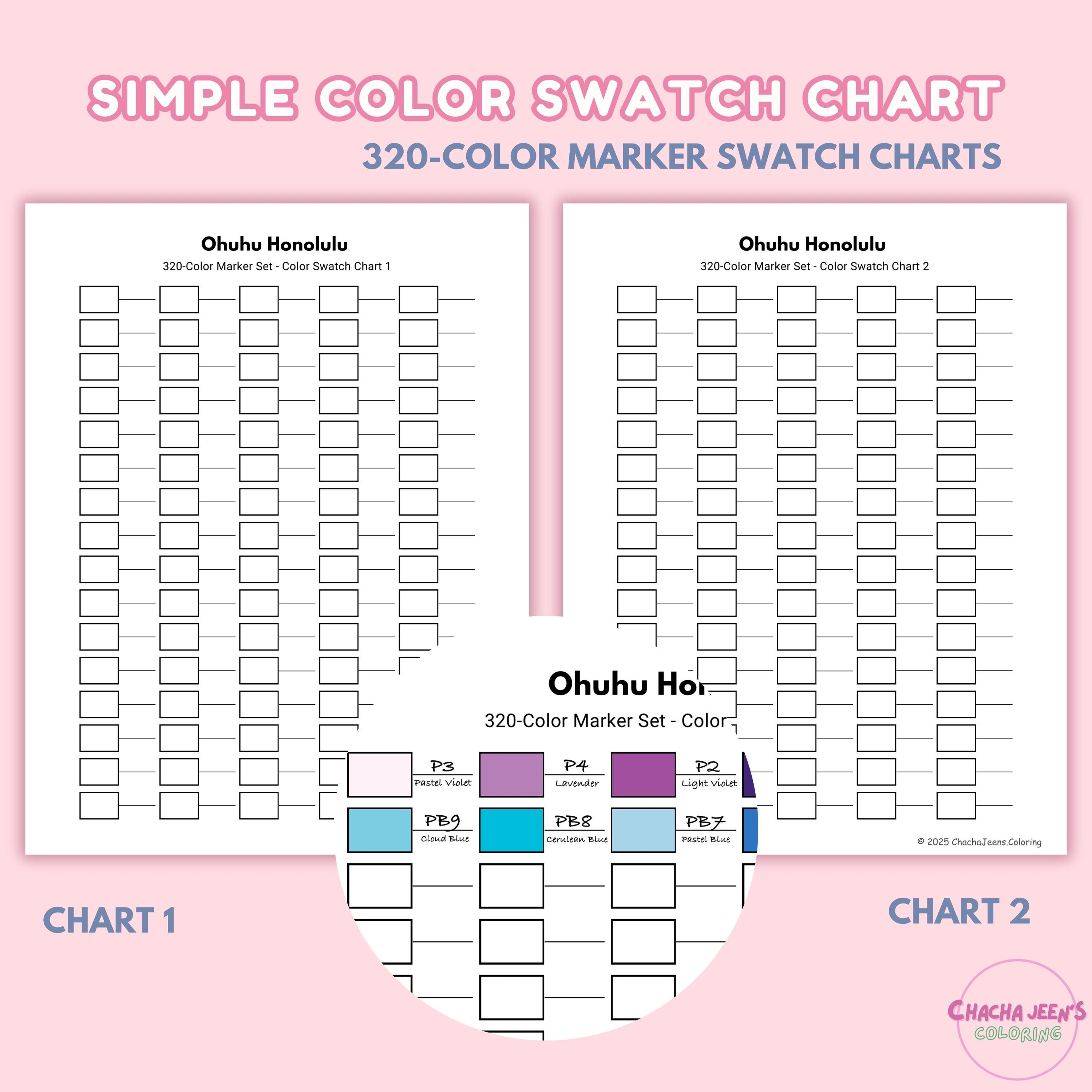 Ohuhu Honolulu 320-color Marker Swatch Charts, Blank Coloring Sheets ...