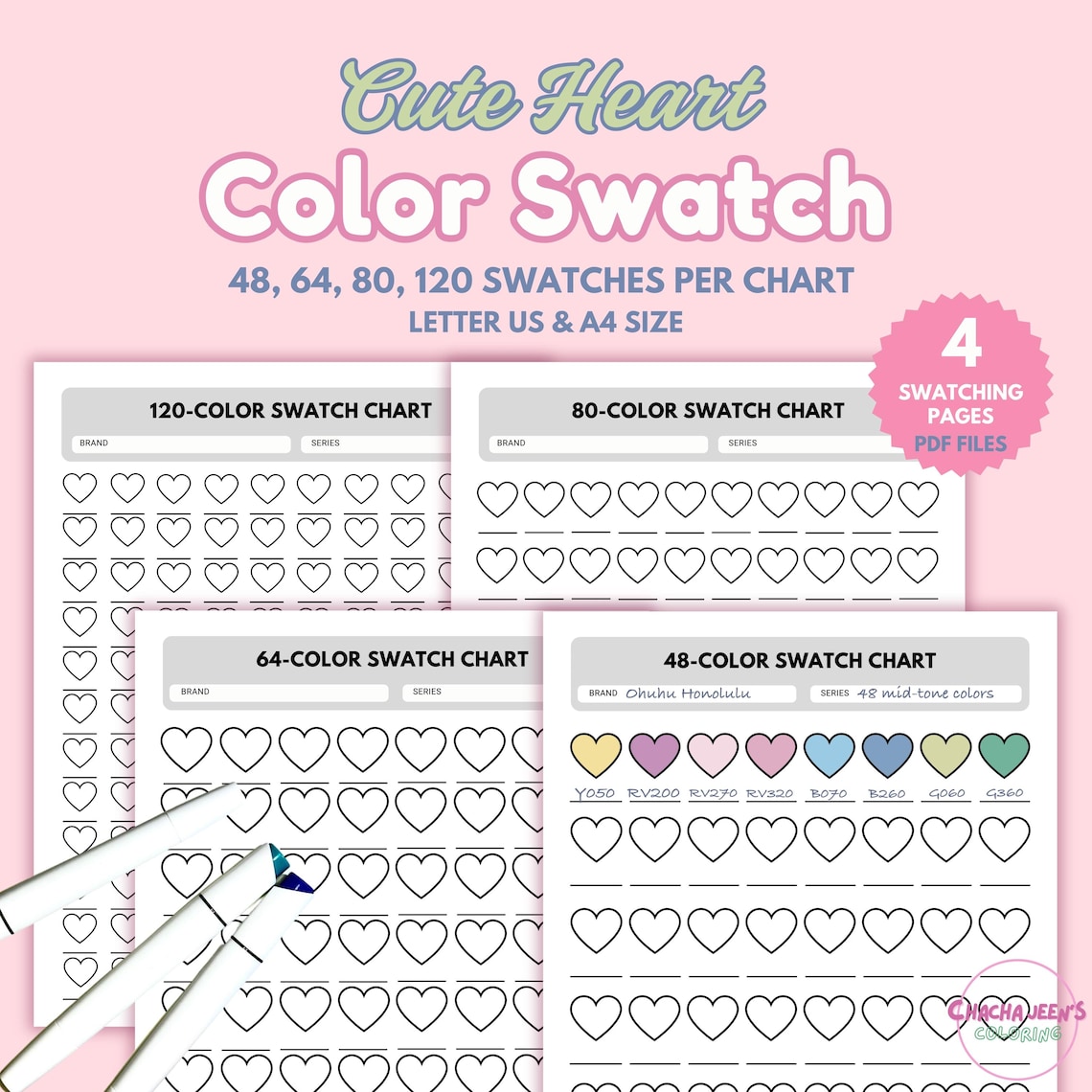 Heart Color Swatch Chart, 48-120 Swatches, A4 Letter Size (printable ...
