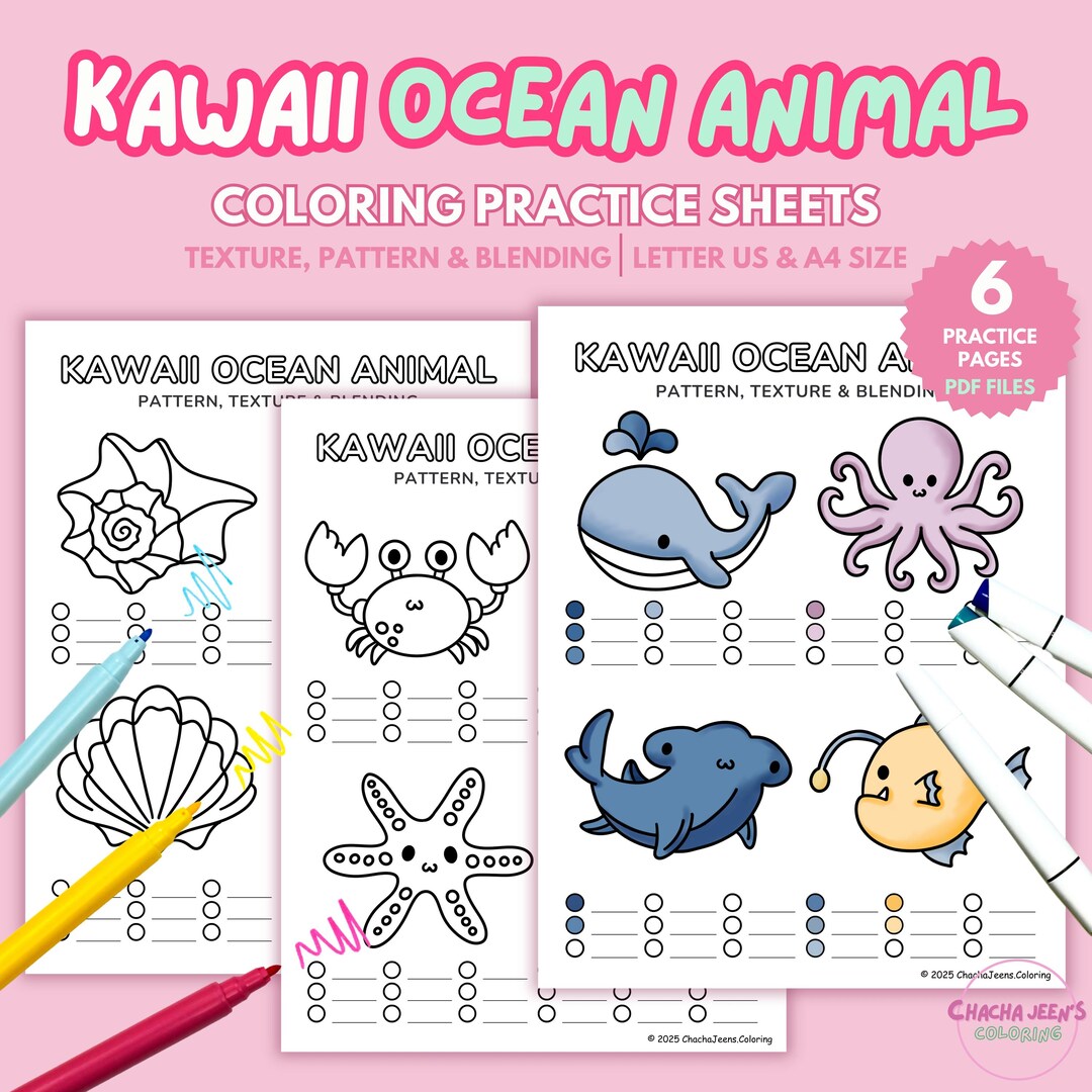 Kawaii Ocean Animal Coloring Pages: Texture & Blending Practice (PDF ...