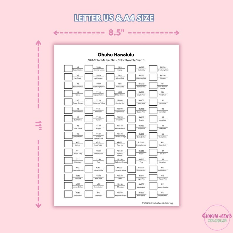 Ohuhu Honolulu 320 Marker Swatch Chart: Printable Color Test (PDF ...