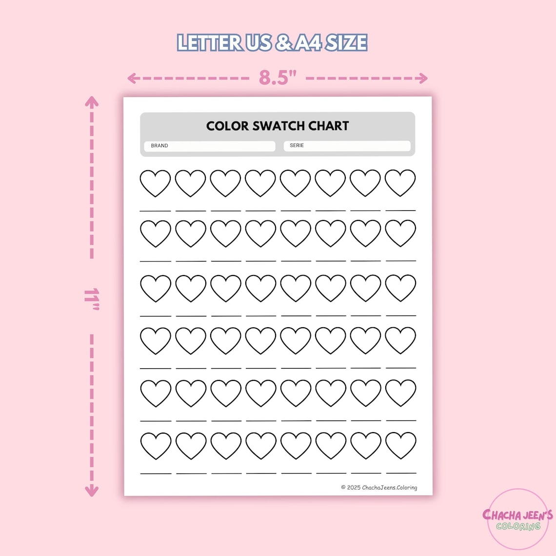 Cute Heart Color Swatch Sheet, 48, 64, 80, 120 Swatches, Printable PDF ...