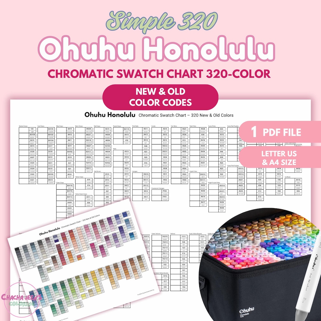 Ohuhu Honolulu 320 Marker Swatch Chart: New & Old Codes (PDF Digital ...