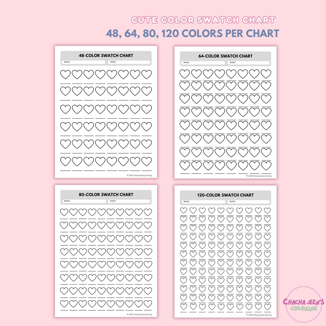 Heart Color Swatch Chart, 48-120 Swatches, A4 Letter Size (printable ...