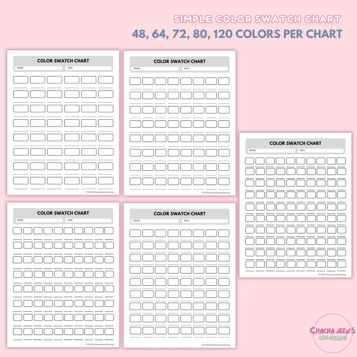 Simple Color Swatch Sheet, 48, 64, 72, 80, 120 Swatches, Printable PDF ...