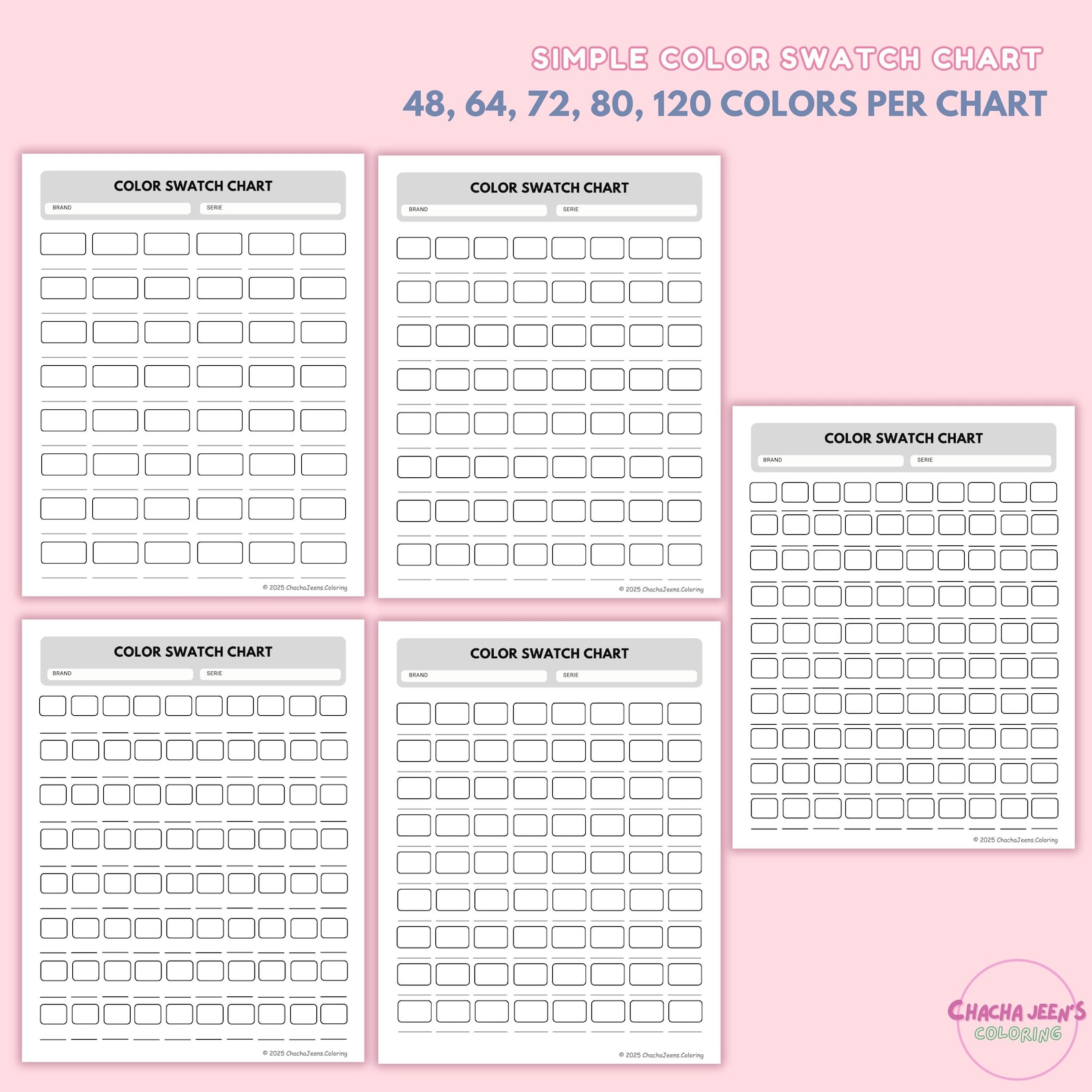 Simple Color Swatch Sheet, 48, 64, 72, 80, 120 Swatches, Printable PDF ...