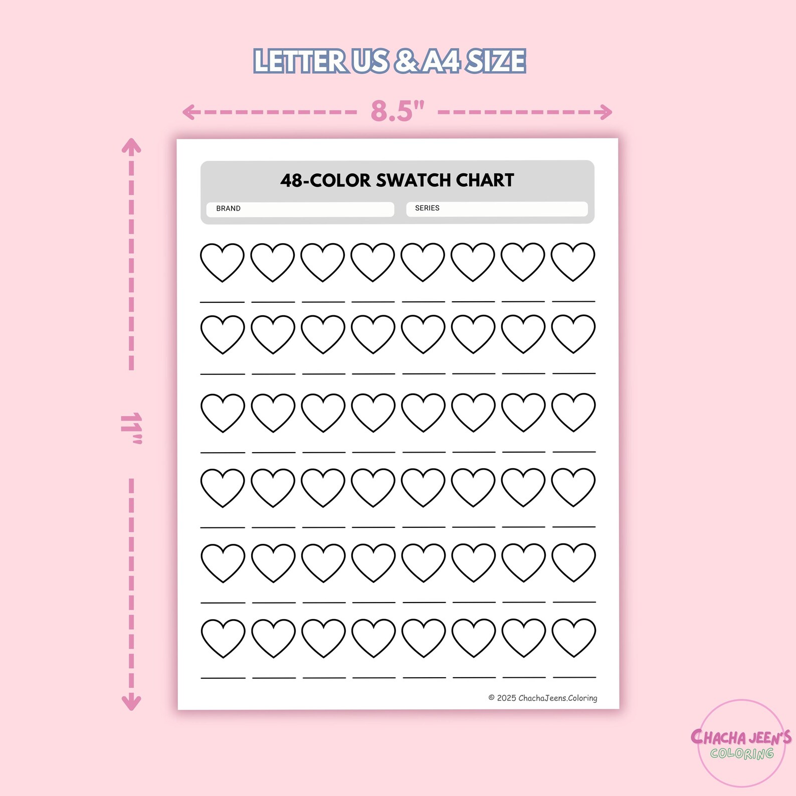 Cute Heart Color Swatch Sheet, 48, 64, 80, 120 Swatches, Printable PDF ...