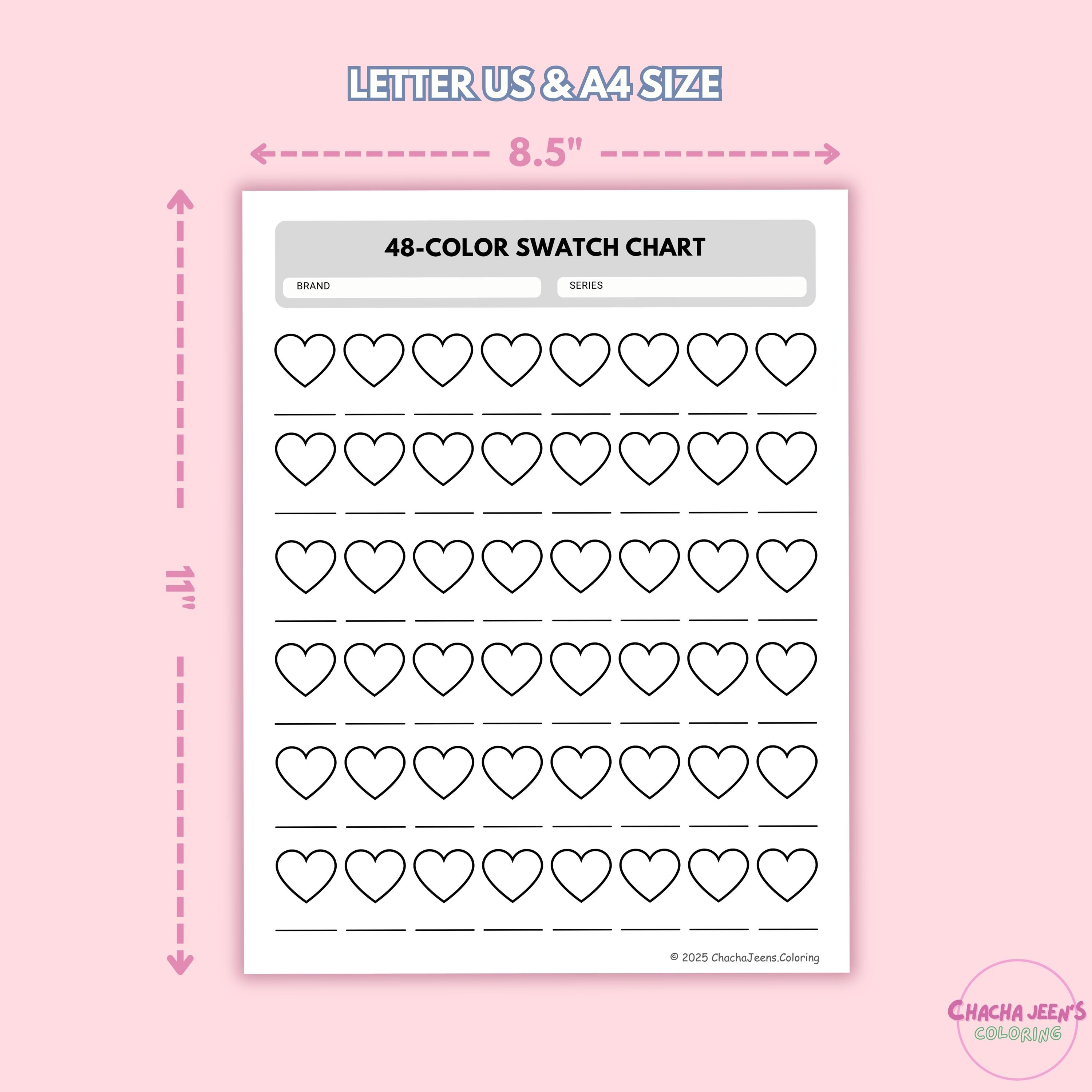 Heart Color Swatch Chart, 48-120 Swatches, A4 Letter Size (printable ...