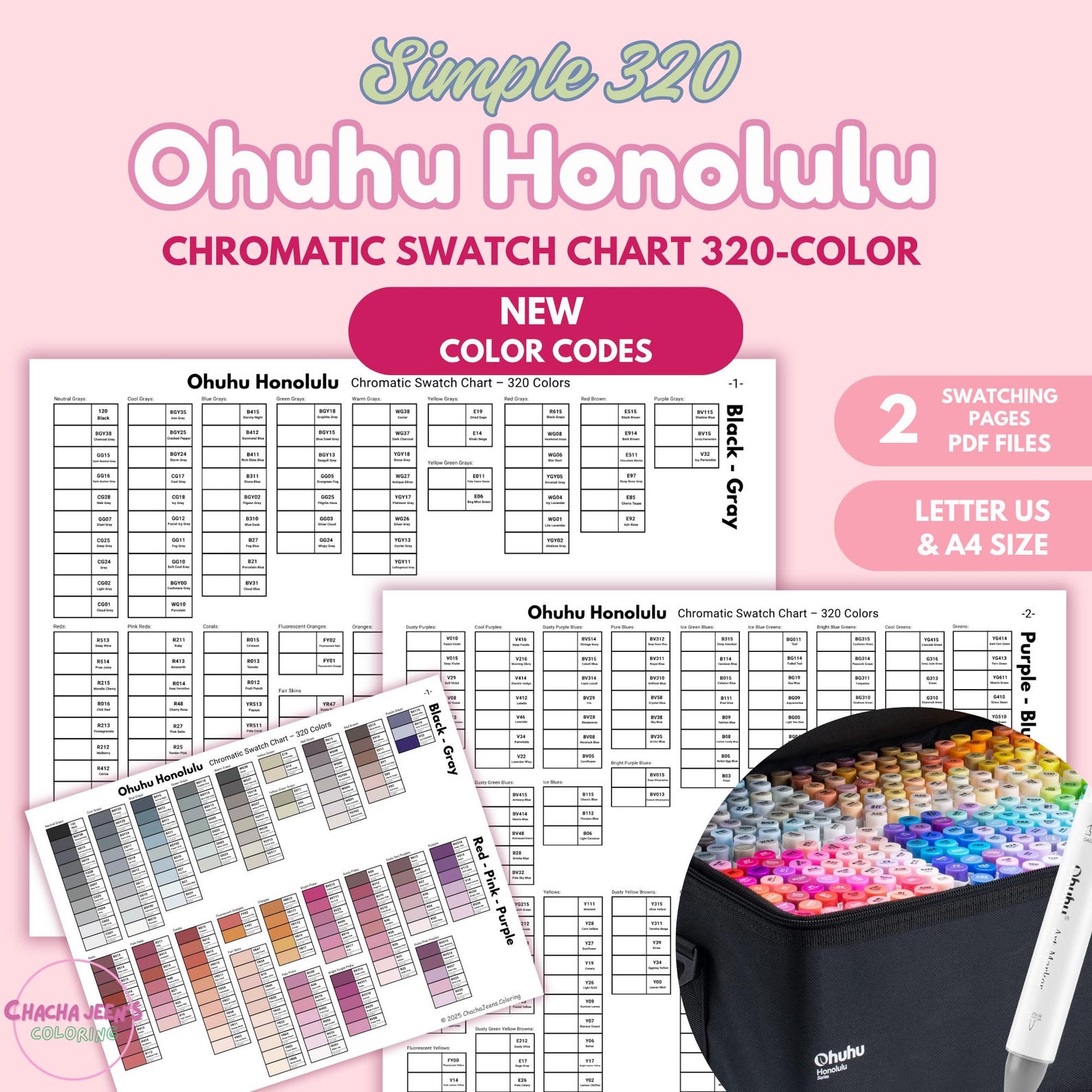 Ohuhu Honolulu 320 Marker Swatch Chart: New Color Codes (PDF Digital ...