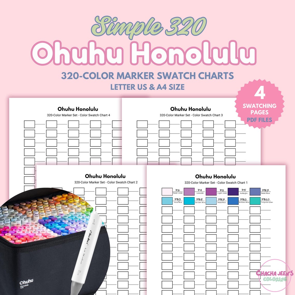 Ohuhu Honolulu 320-color Marker Swatch Charts, Blank Coloring Sheets ...
