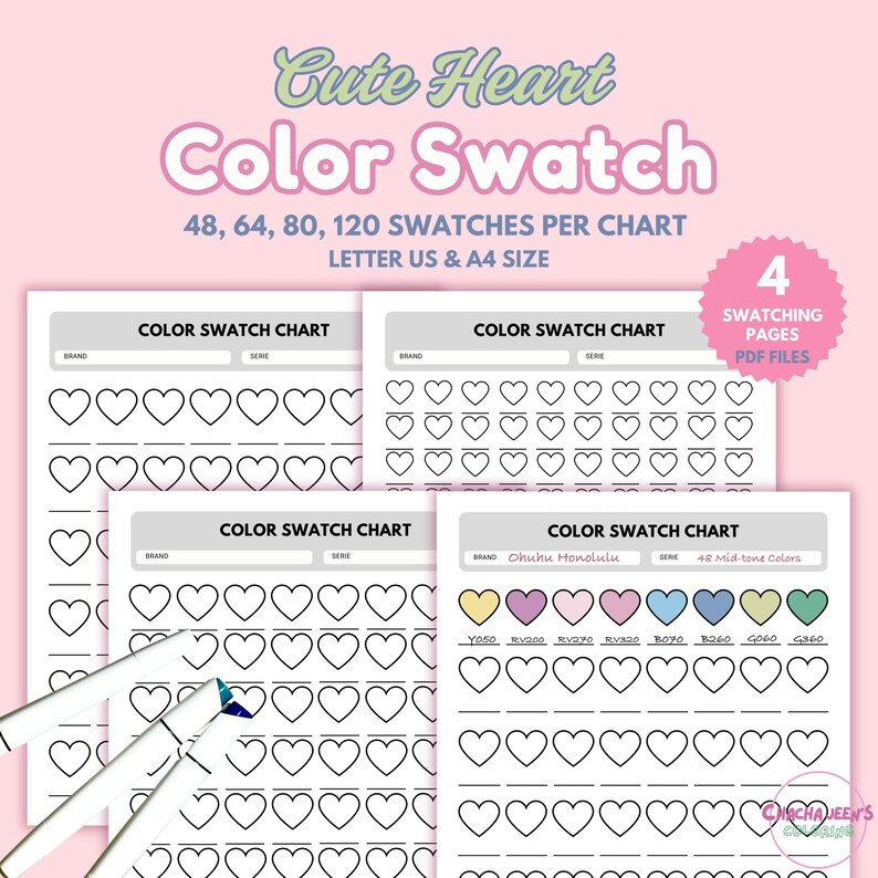 Cute Heart Color Swatch Sheet, 48, 64, 80, 120 Swatches, Printable PDF ...