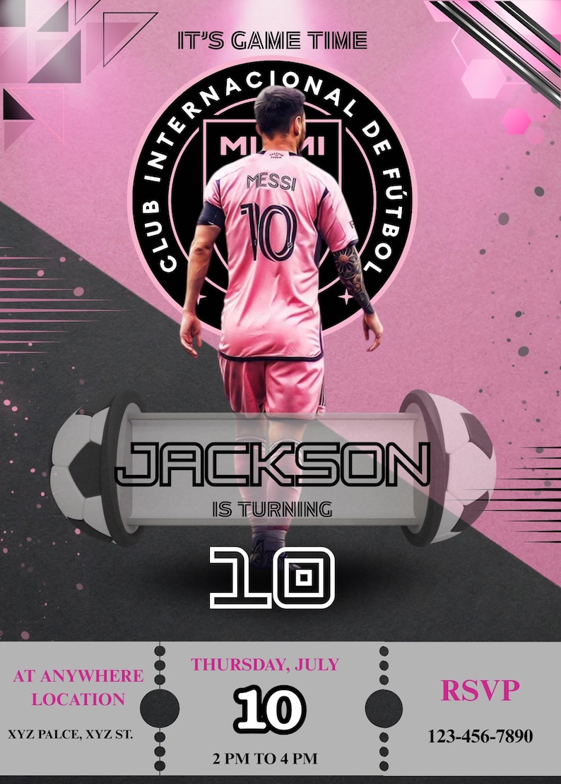 Messi Inter Miami Birthday Invitation, Pink and Black Invitation ...