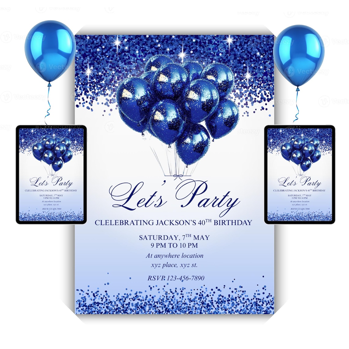 Editable Royal Blue Birthday Invitation for Men, Printable Blue ...