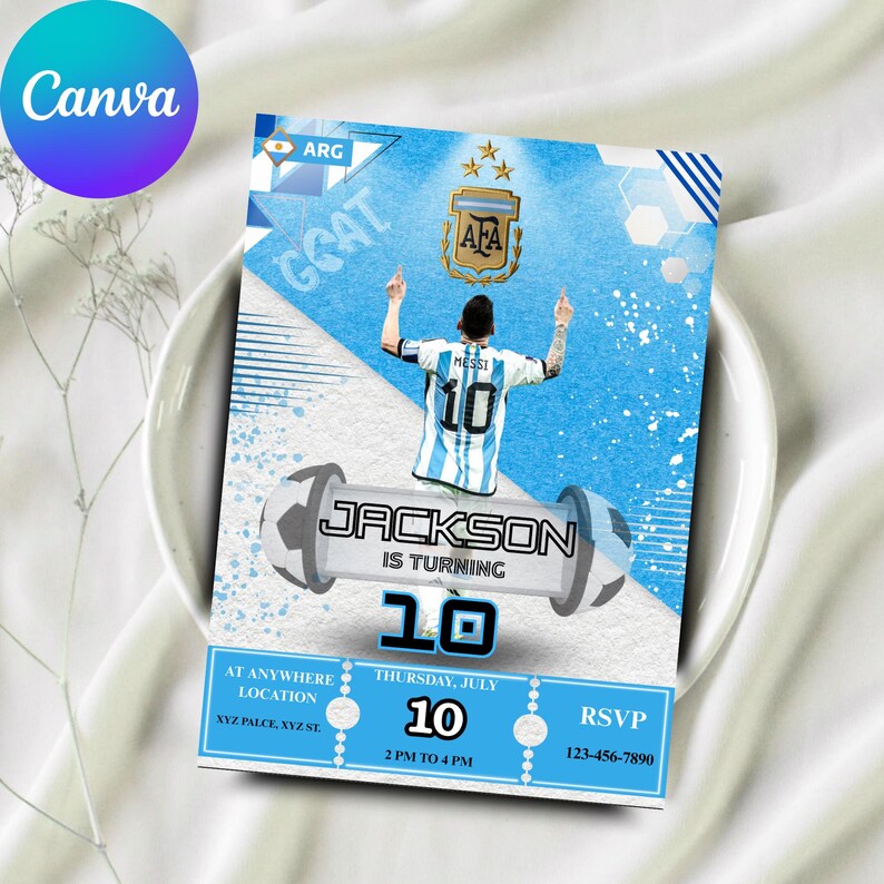 Messi National Team Birthday Invitation, Blue and White Invitation ...