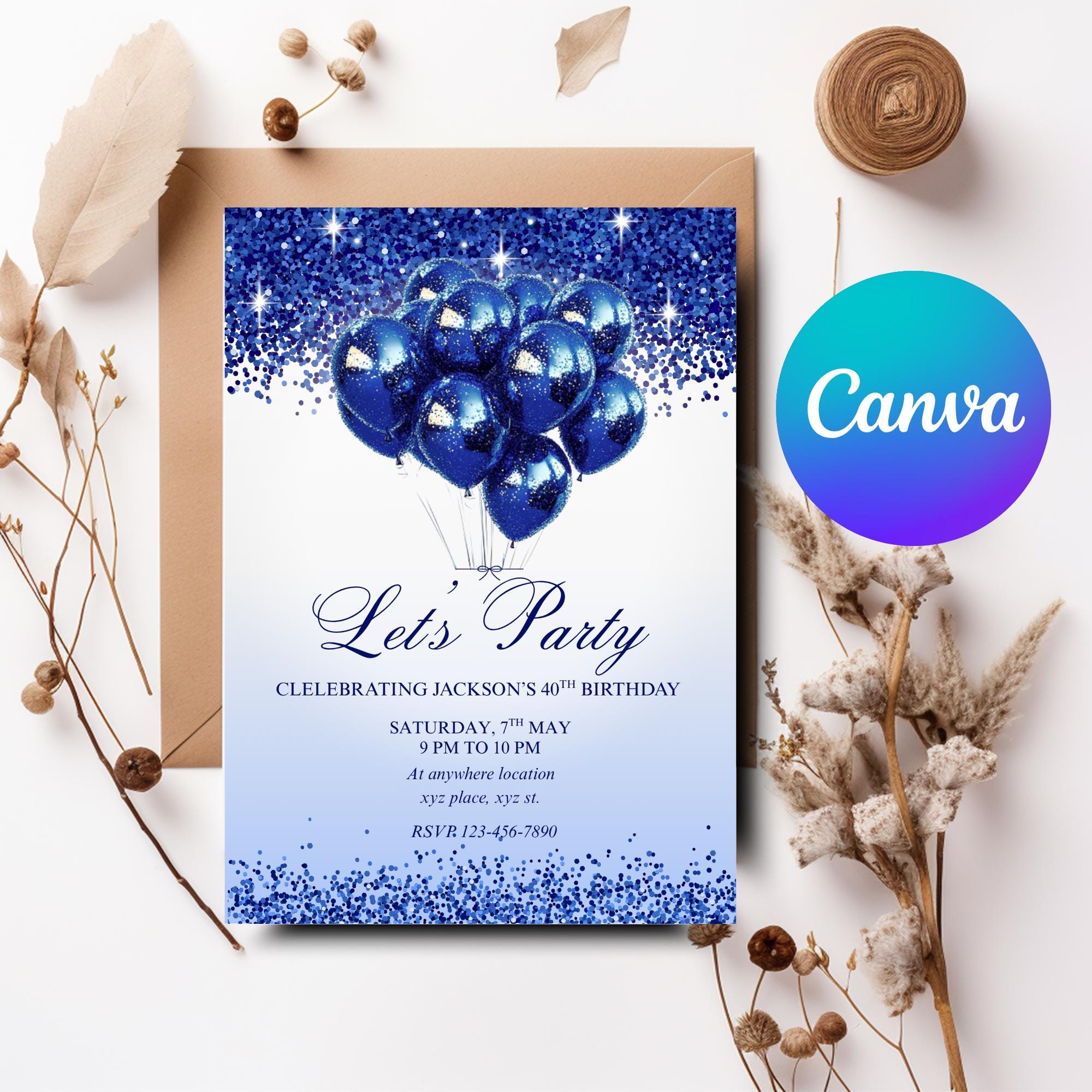 Editable Royal Blue Birthday Invitation for Men, Printable Blue ...
