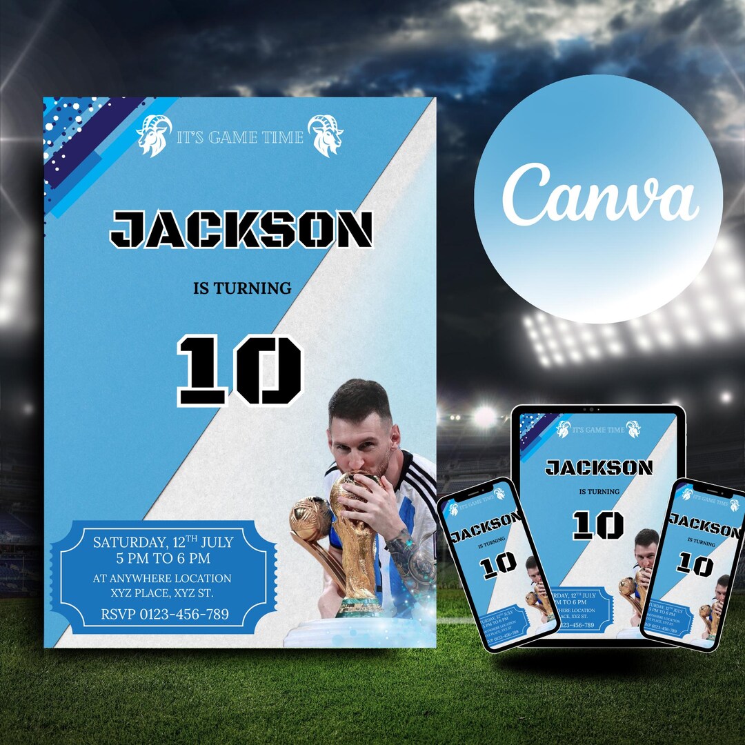 Messi World Cup Birthday Invitation, Blue and White Invitation ...