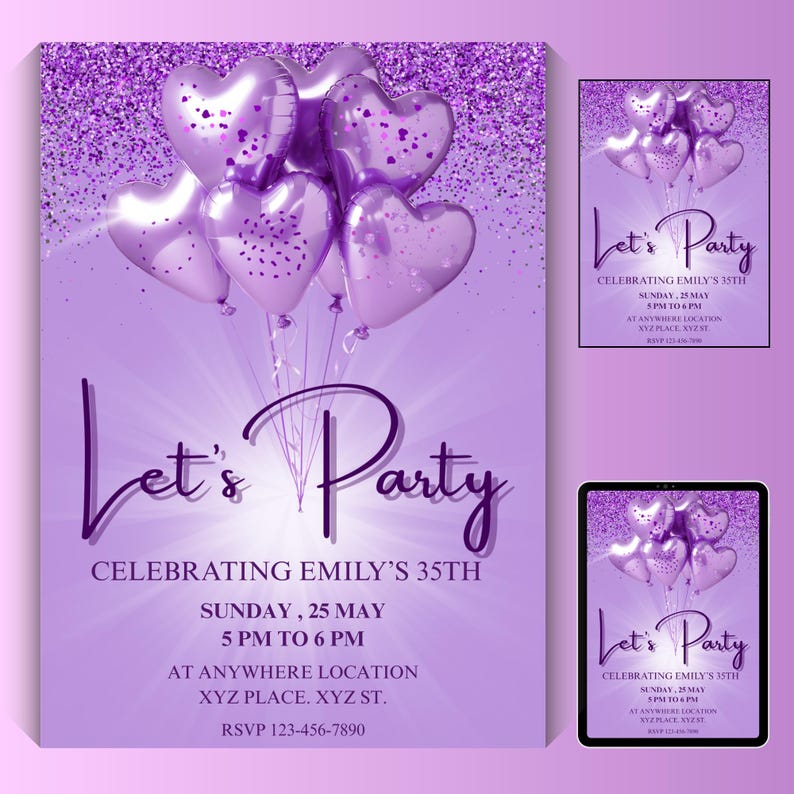 Editable Purple Invitation, Let's Party Purple Balloons Invite, Purple ...