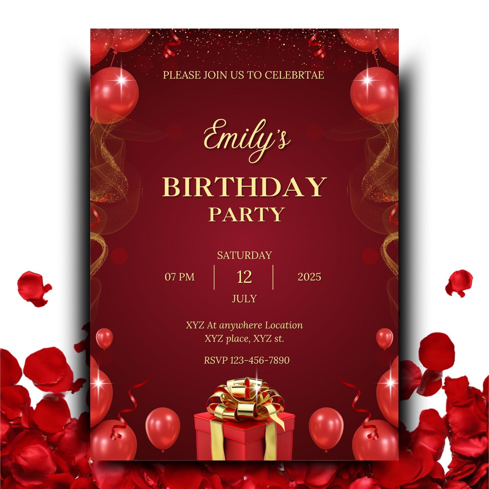 Editable Dark Red Birthday Invitation, Printable Red Birthday Party ...
