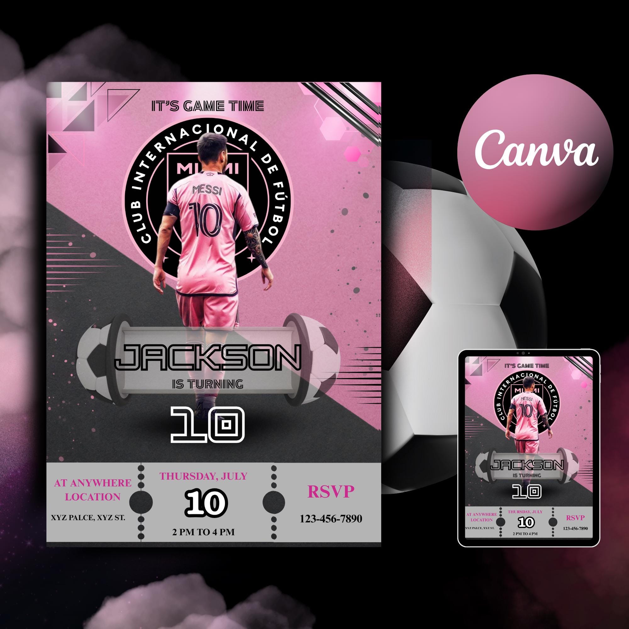 Messi Inter Miami Birthday Invitation, Pink and Black Invitation ...