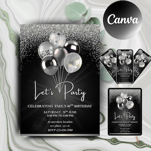 Editable Silver and Black Birthday Invitation, Let's Party Silver and ...