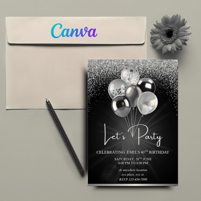 Editable Silver and Black Birthday Invitation, Let's Party Silver and ...