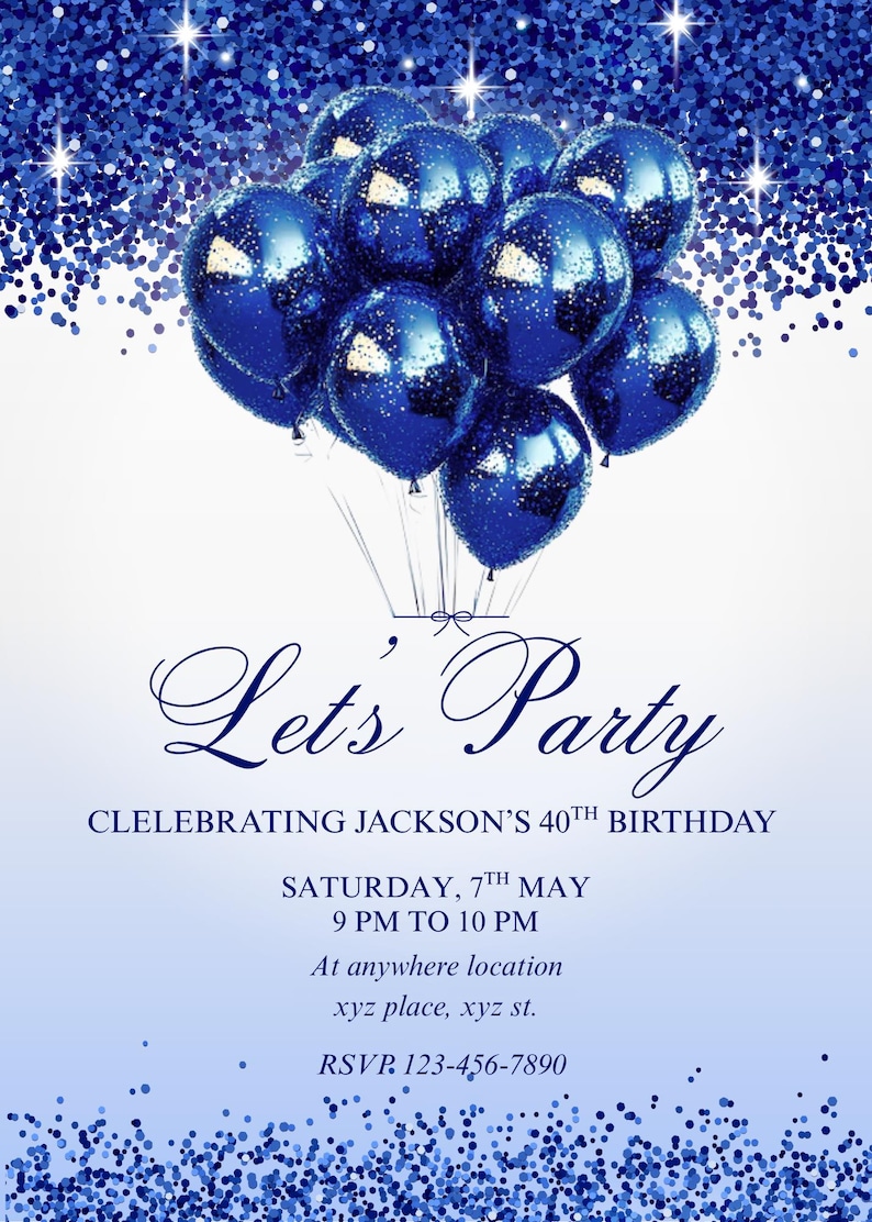 Editable Royal Blue Birthday Invitation for Men, Printable Blue ...