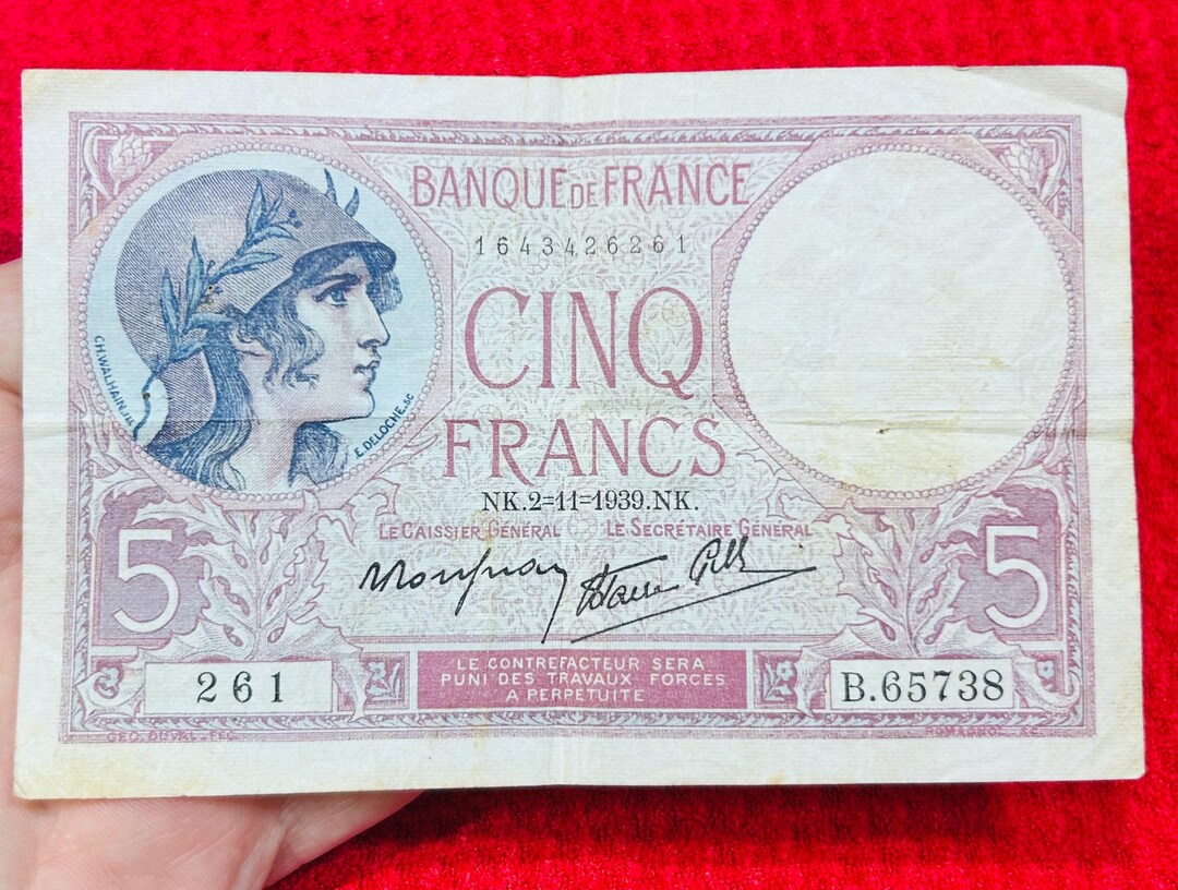 1939 France 5 Francs Banknote – Vintage French Paper Money WWII Era ...