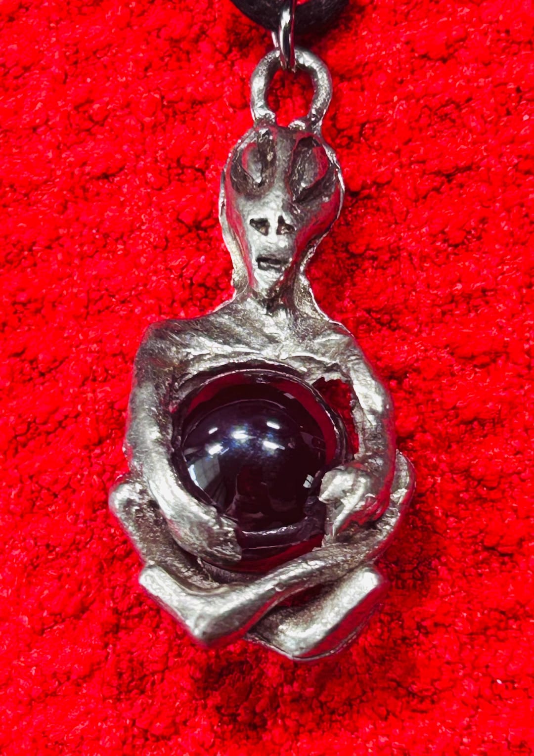 NOS Vintage 1980s Seated Alien Holding Red Iridescent Glass Ball ...