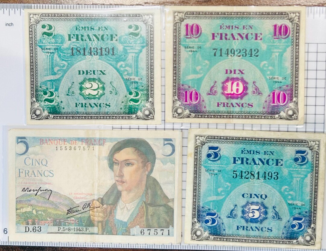 Vintage France Banknotes Lot - 1943 5 Francs 1944 2 Francs 1944 5 ...