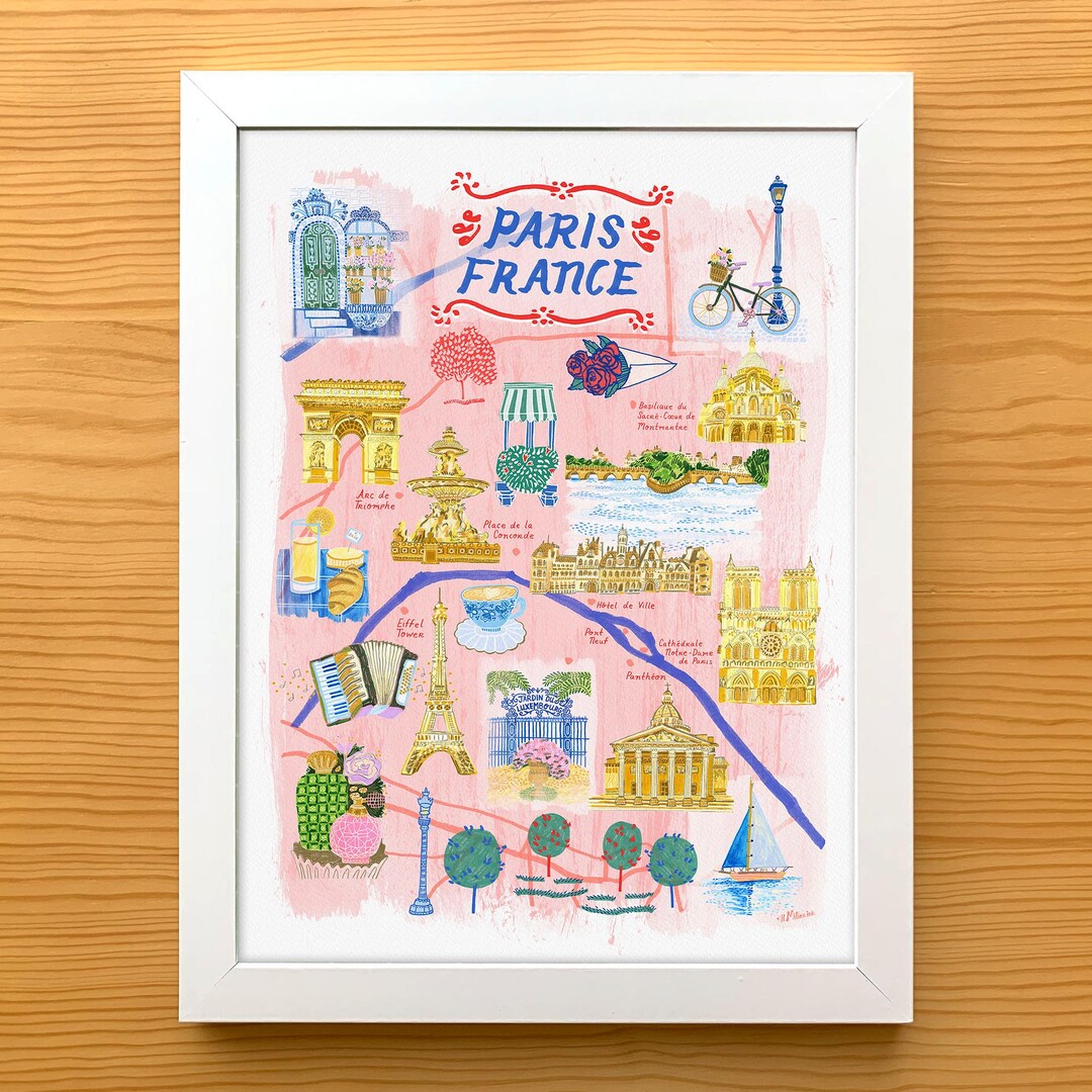 Pink Paris Print Map Art by H Miller Ink | Hand Drawn Map Illustration ...