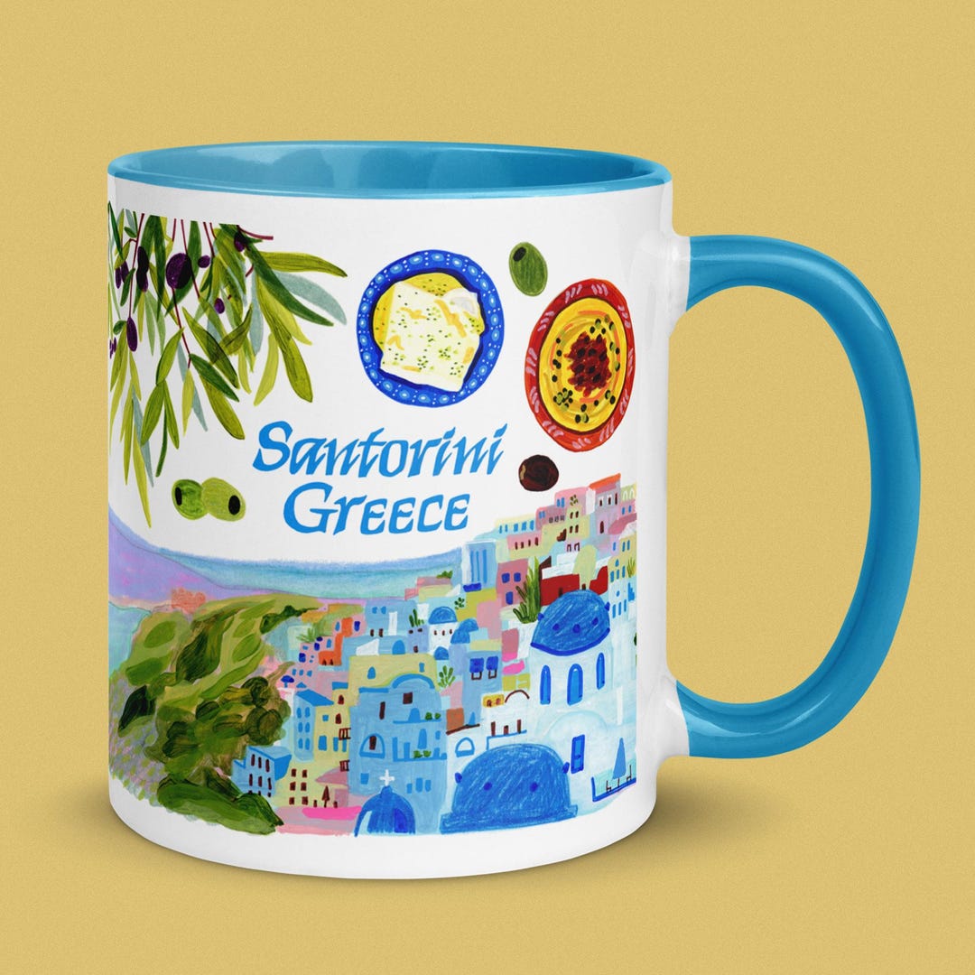 Santorini Greece Ceramic Mug by H Miller Ink, 11oz Blue Handle ...
