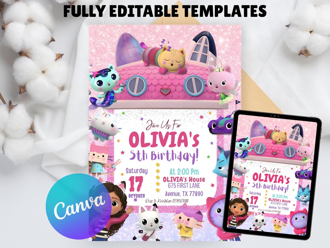 Gabbys Dollhouse Birthday Invitation Editable Gabby's Kids Birthday ...