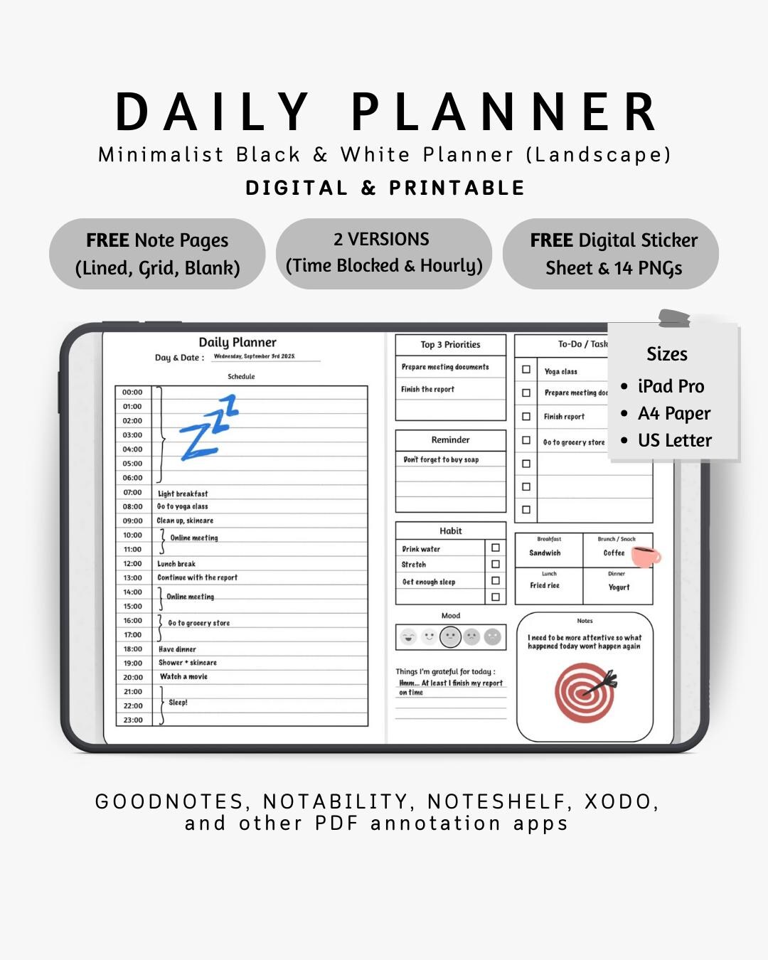 Minimalist Daily Planner Printable: Hourly + Time Block Layouts ...