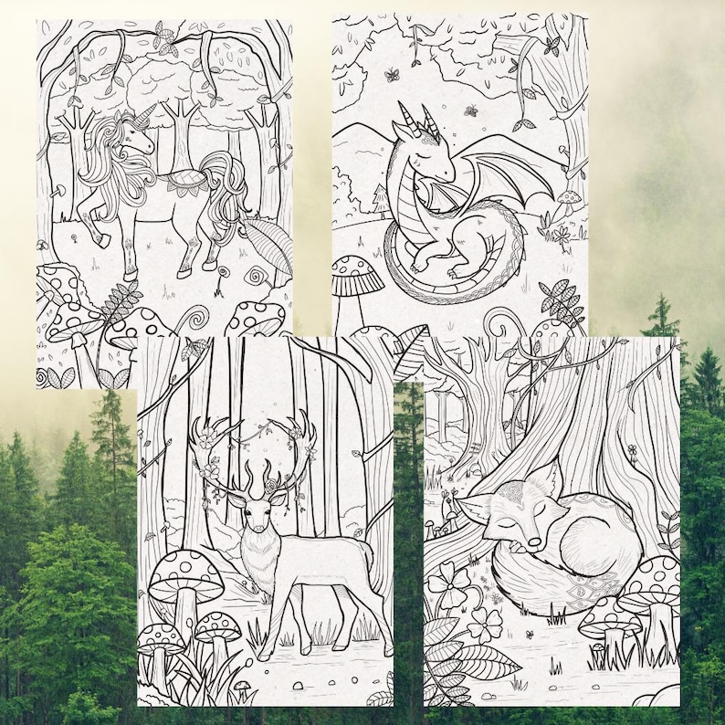 Magical Forest Creatures Coloring Pages – 4-page Fantasy Animal ...